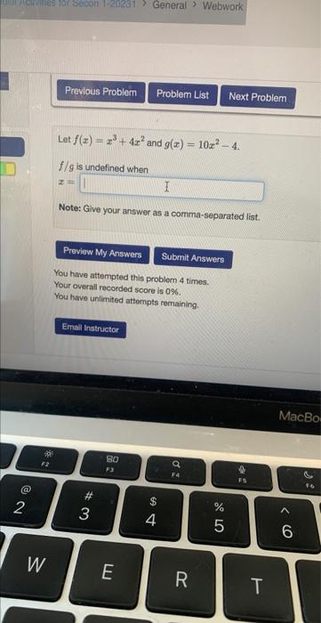 Solved Let f(x)=x3+4x2 and g(x)=10x2−4 f/g is undefined when | Chegg.com Solved Let f(x)=x3+4x2 and g(x)=10x2−4 f/g is undefined when | Chegg.com