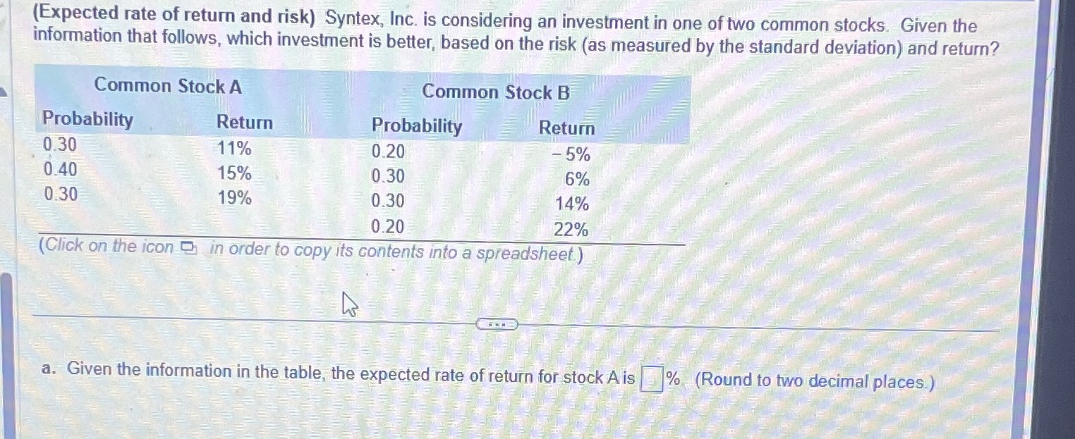 Solved (Expected rate of return and risk) ﻿Syntex, Inc. is | Chegg.com