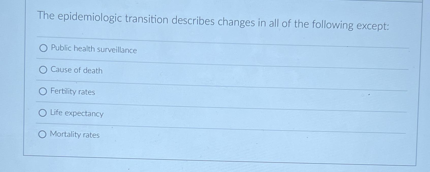 Solved The epidemiologic transition describes changes in all | Chegg.com