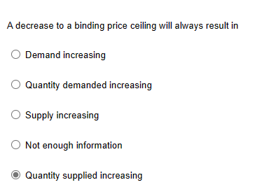 Solved A decrease to a binding price ceiling will always | Chegg.com
