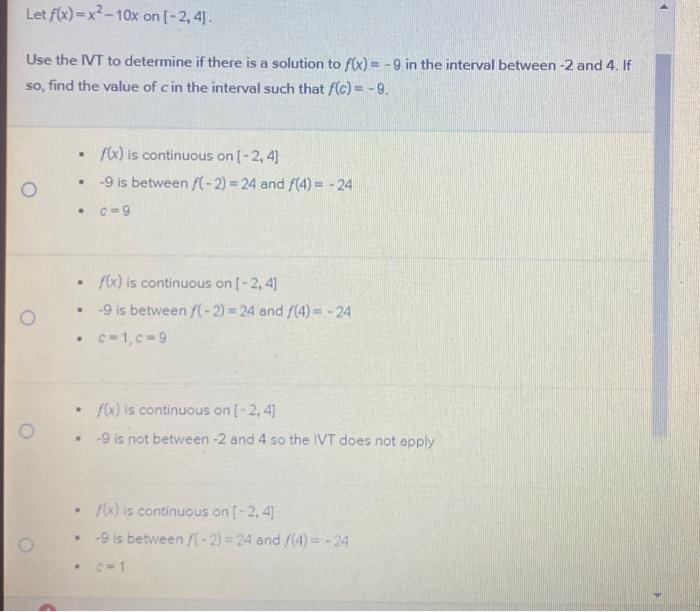 Solved Let f(x)=x2−10x on [−2,4]. Use the IVT to determine | Chegg.com