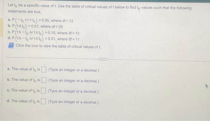 Let t0 be a specific value of t. Use the table of | Chegg.com