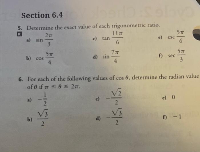 Solved 5 Determine The Exact Value Of Each Trigonometric