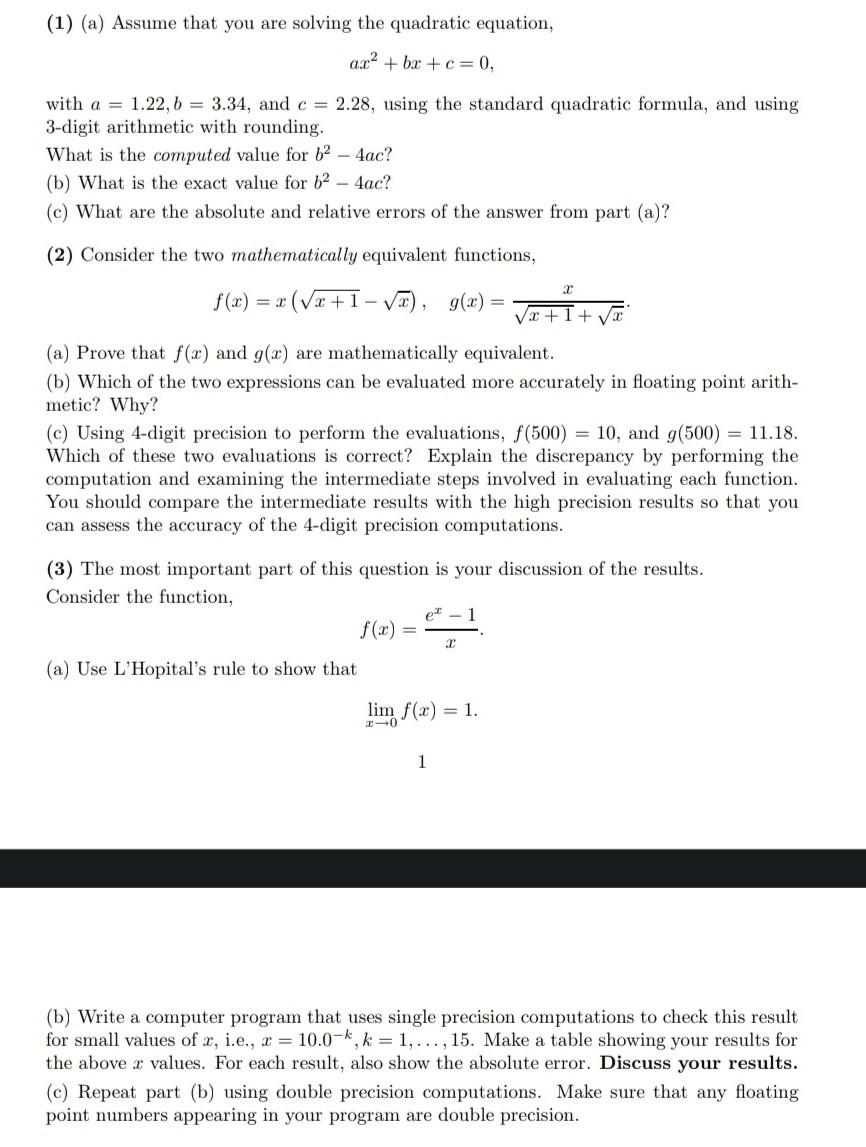 Solved (1) (a) Assume that you are solving the quadratic | Chegg.com