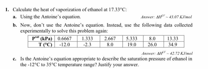 Solved 1. Calculate the heat of vaporization of ethanol at | Chegg.com