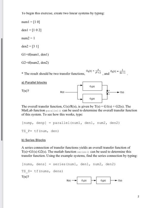 Solved Lab work 4: Block diagrams and transfer Functions | Chegg.com