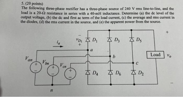 Solved 5. (20 points) The following three-phase rectifier | Chegg.com