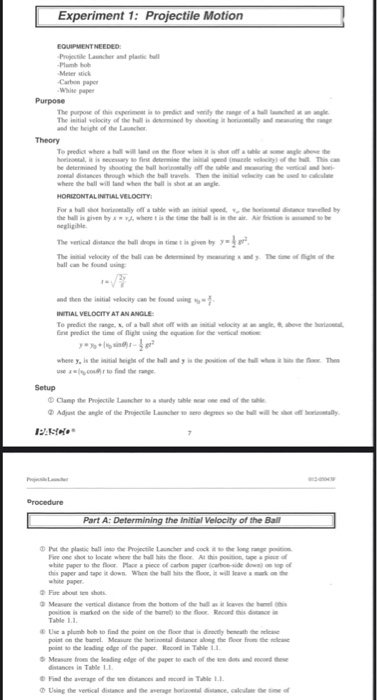 Experiment 1: Projectile Motion EQUIPMENTNEEDED: | Chegg.com