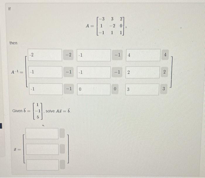 Solved A=⎣⎡−31−13−21201⎦⎤ then Given b=⎣⎡1−15⎦⎤, solve Ax=b | Chegg.com