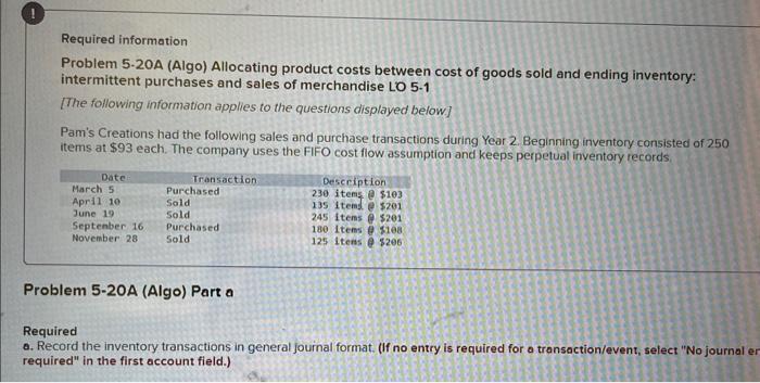 Solved Required information Problem 5-20A (Algo) Allocating | Chegg.com