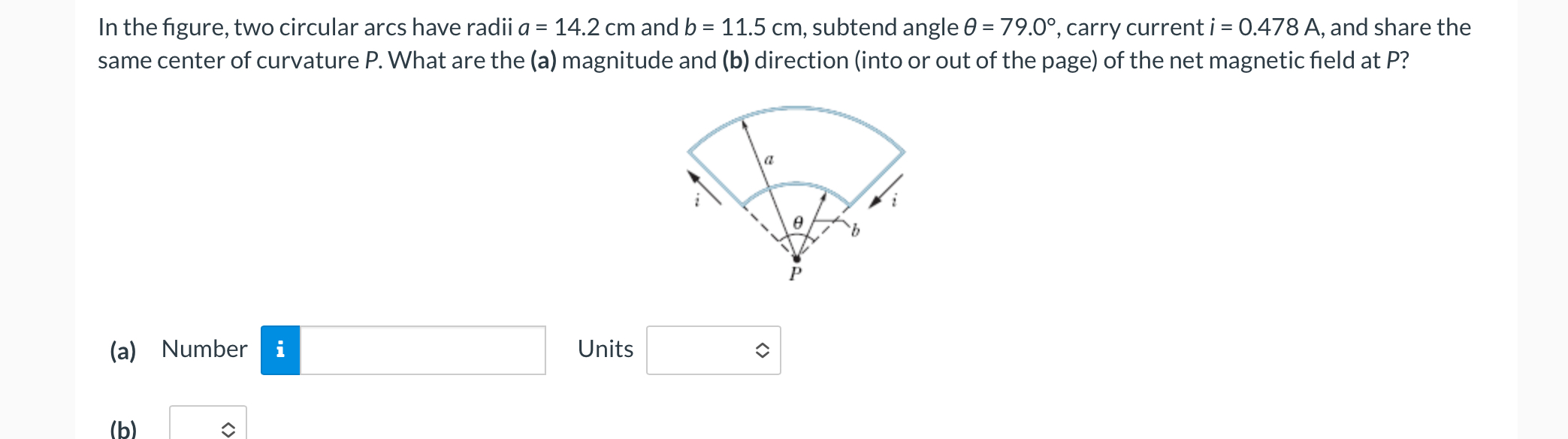 Solved In the figure, two circular arcs have radii a=14.2cm | Chegg.com