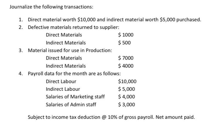 Solved Journalize the following transactions: 1. Direct | Chegg.com