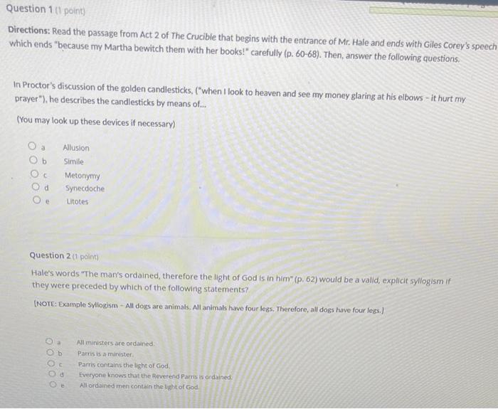 Directions: Read the passage from Act 2 of The | Chegg.com