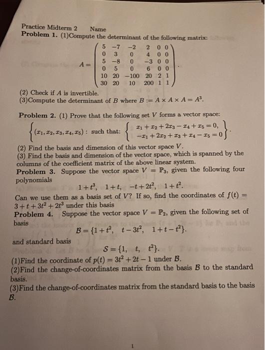 Solved Practice Midterm 2 Name Problem 1. (1) Compute the | Chegg.com