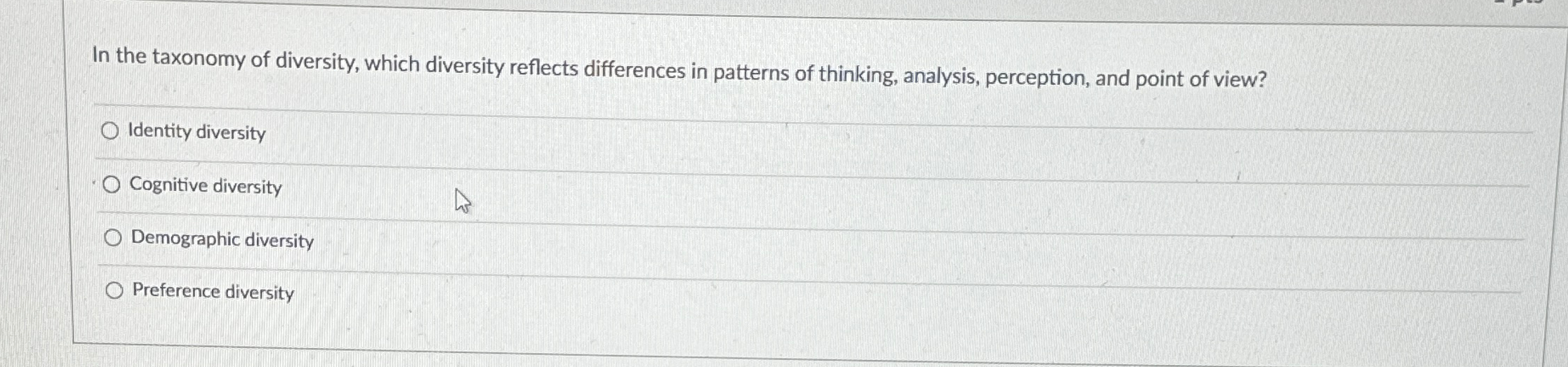 Solved In the taxonomy of diversity, which diversity | Chegg.com