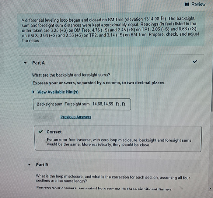 Solved 1 Review A differential leveling loop began and | Chegg.com