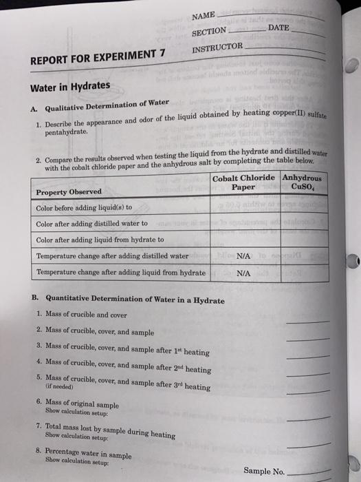 Solved Name Date Section Instructor Report For Experiment 7