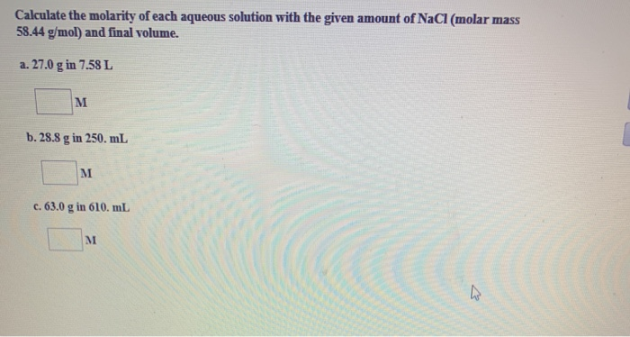 Solved Calculate the molarity of each aqueous solution with | Chegg.com