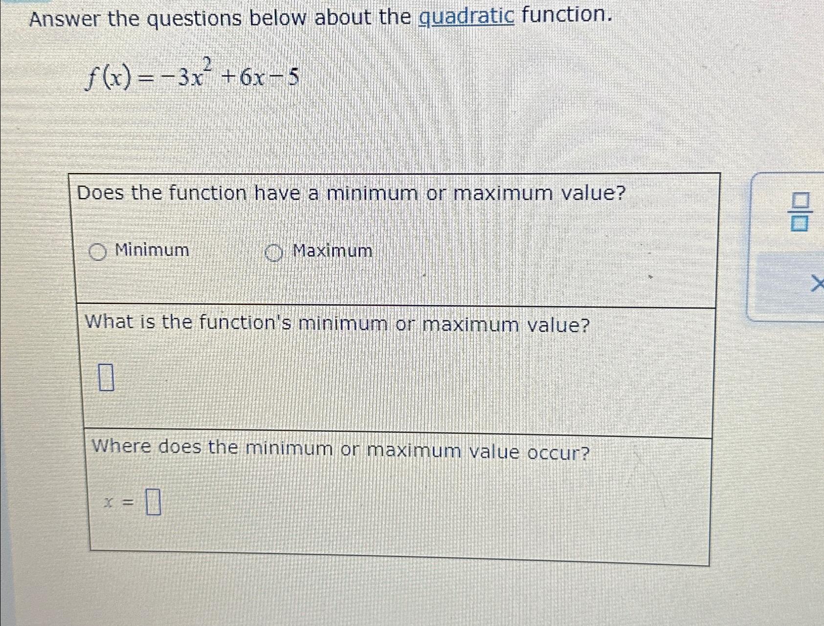 Solved Answer the questions below about the quadratic | Chegg.com