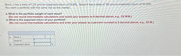 Stock J has a beta of 1.25 and an expected return of | Chegg.com