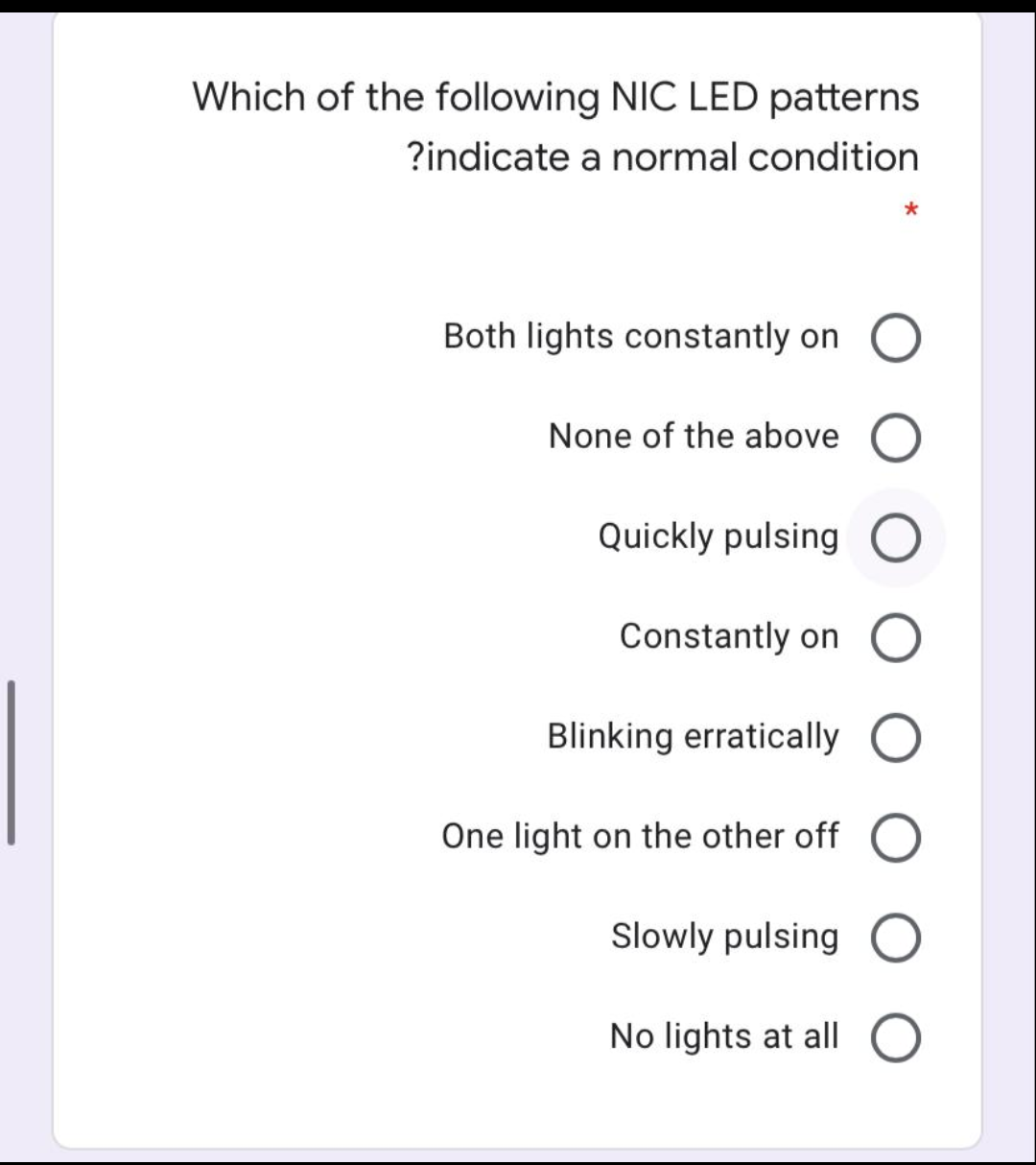 Solved Which of the following NIC LED patterns ?indicate a | Chegg.com