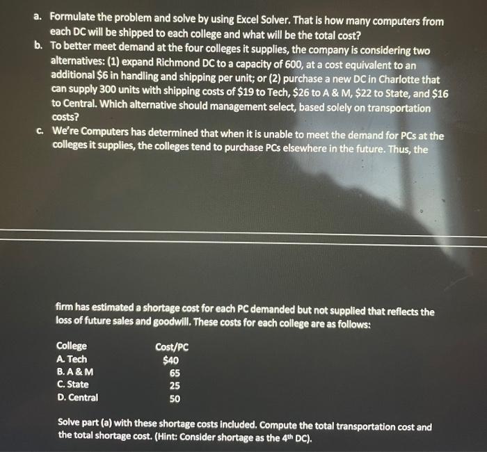 a. Formulate the problem and solve by using Excel | Chegg.com