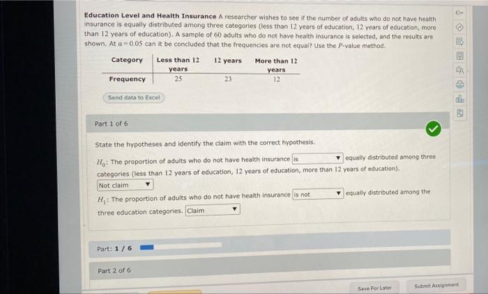 Solved Education Level and Health Insurance A researcher | Chegg.com