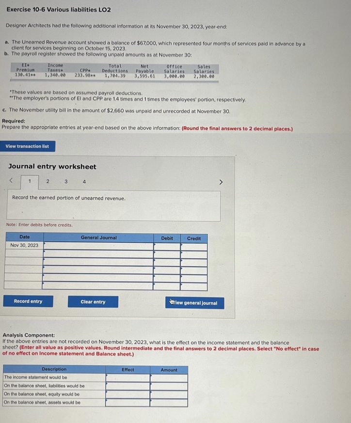 Solved Exercise 10.6 ﻿Various liabilities LO2Designer | Chegg.com