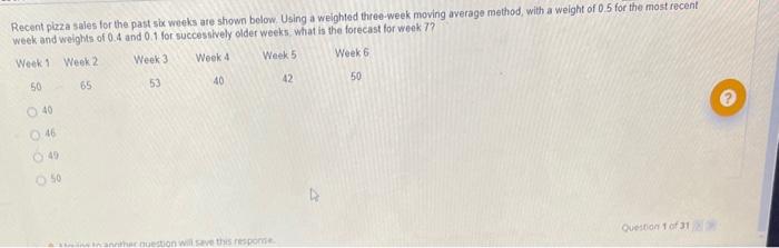 Solved Recent pleza sales for the past six weeks ate shown | Chegg.com