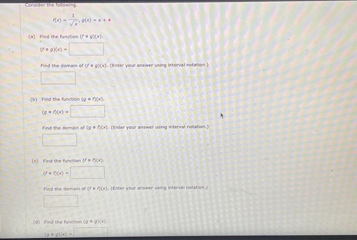 Solved Consider the following. f(x)=x1,g(x)=x+4 (a) Find the | Chegg.com