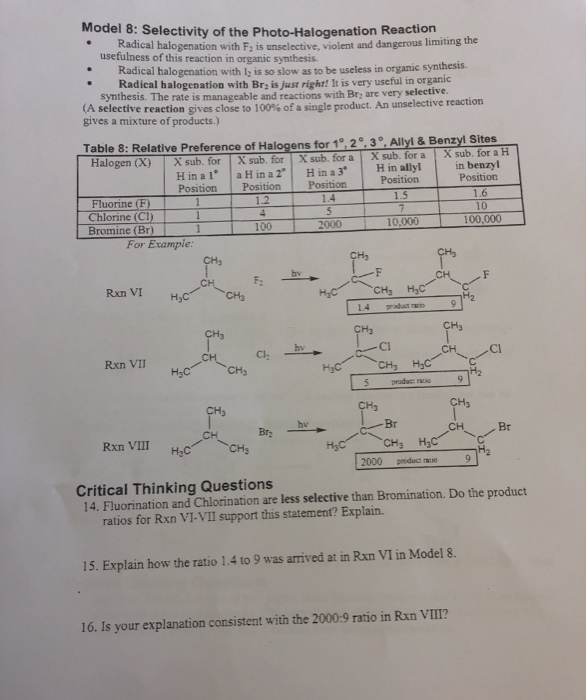 Solved Model 8: Selectivity of the Photo-Halogenation | Chegg.com