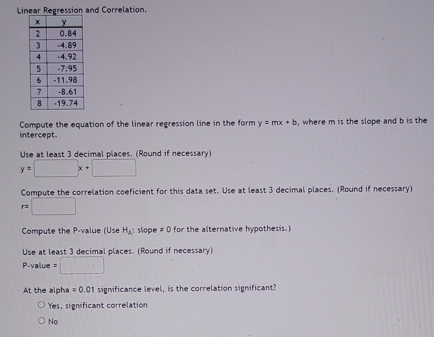 Solved Linear Regression and Correlation. Compute the | Chegg.com