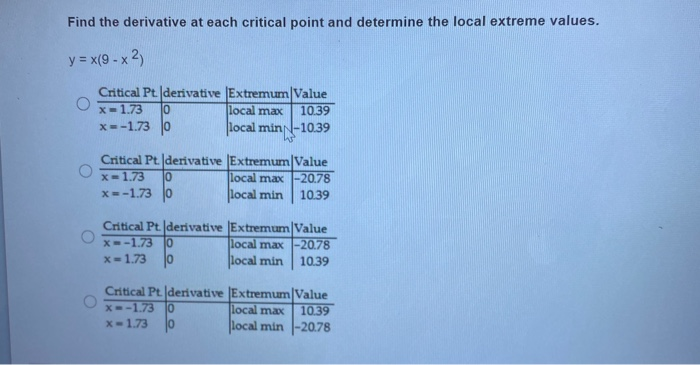 Solved Find the derivative at each critical point and | Chegg.com
