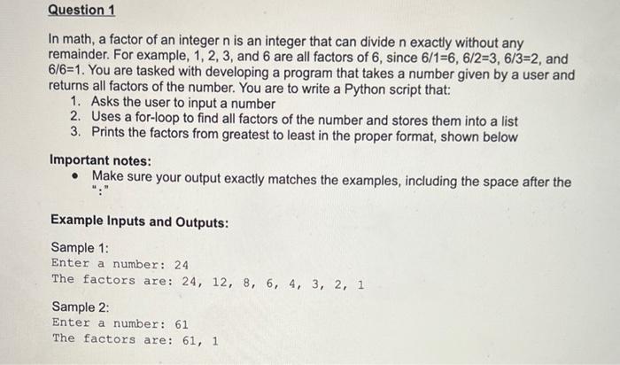 Solved In math, a factor of an integer n is an integer that | Chegg.com