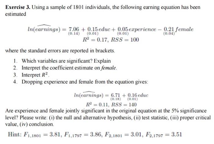 Solved Exercise 3. Using a sample of 1801 individuals, the | Chegg.com