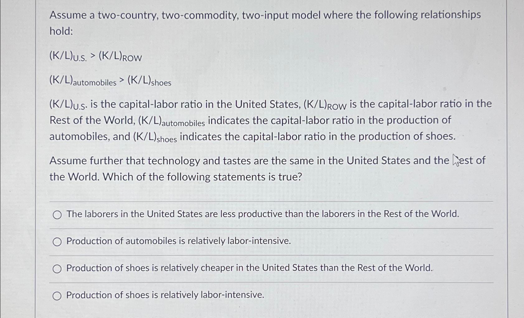 Solved Assume a two-country, two-commodity, two-input model | Chegg.com