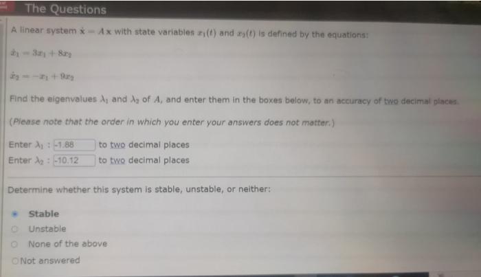 Solved A linear system x˙=A× with state variables x1(t) and | Chegg.com