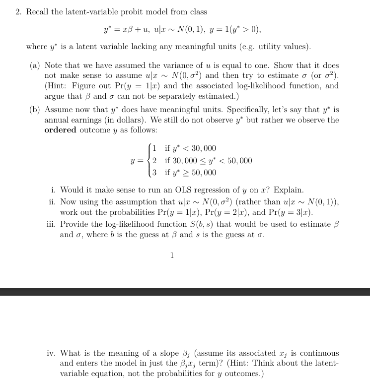 Solved Recall the latent-variable probit model from | Chegg.com