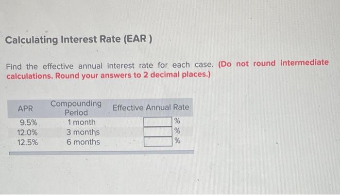 Solved Calculating Interest Rate (EAR) Find the effective | Chegg.com
