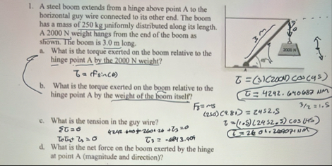 Solved A steel boom extends from a hinge above point A to | Chegg.com