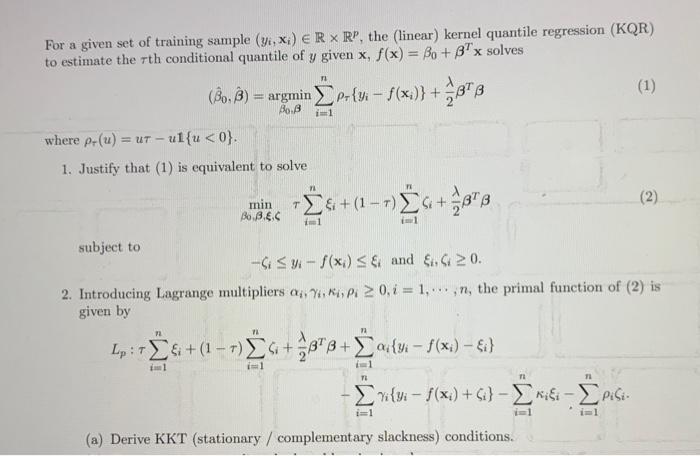 Solved For a given set of training sample (yi,xi)∈R×Rp, the | Chegg.com
