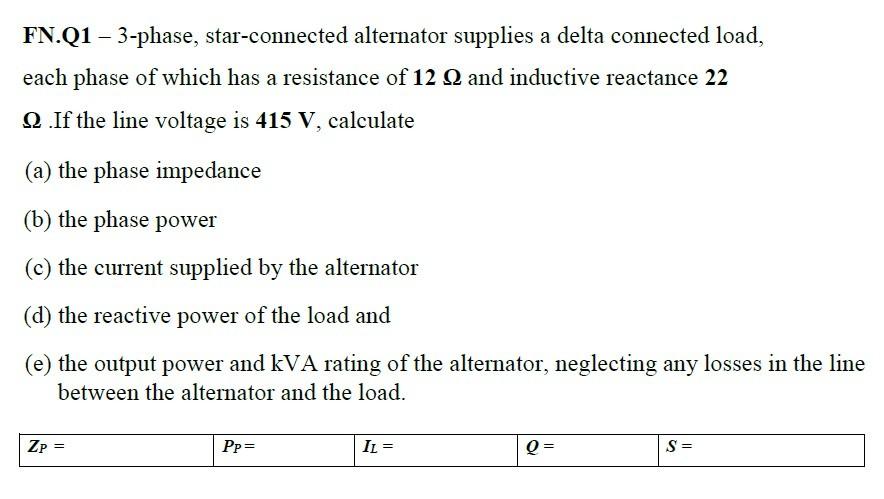 Solved FN.Q1 – 3-phase, star-connected alternator supplies a | Chegg.com
