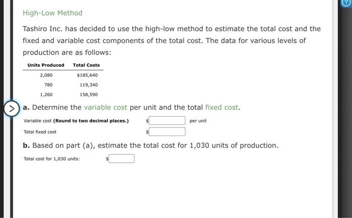 Solved High-Low Method Tashiro Inc. has decided to use the | Chegg.com
