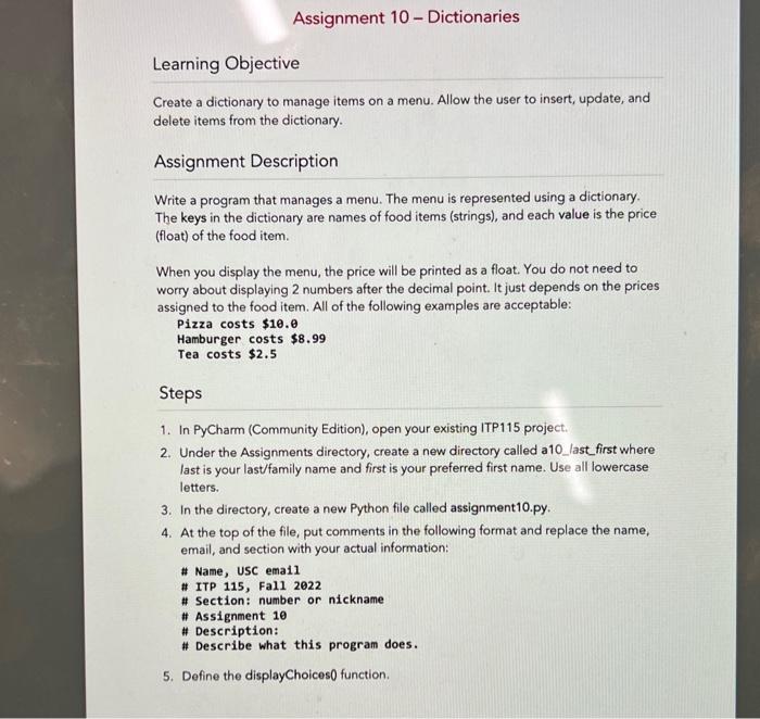 Assignment 10 - Dictionaries Learning Objective | Chegg.com