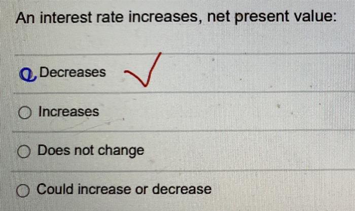 Solved An interest rate increases, net present value: | Chegg.com