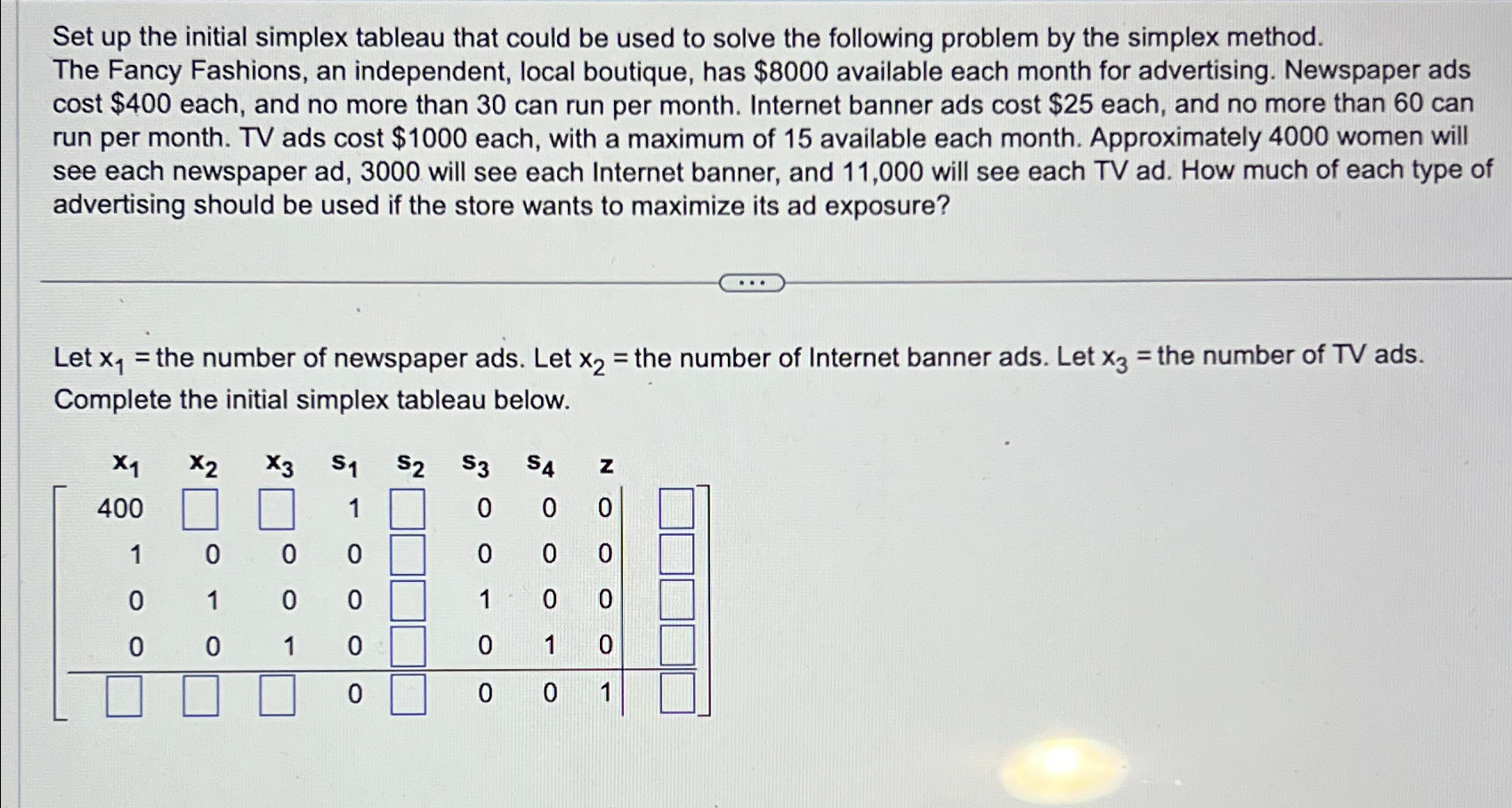 Solved Set up the initial simplex tableau that could be used | Chegg.com