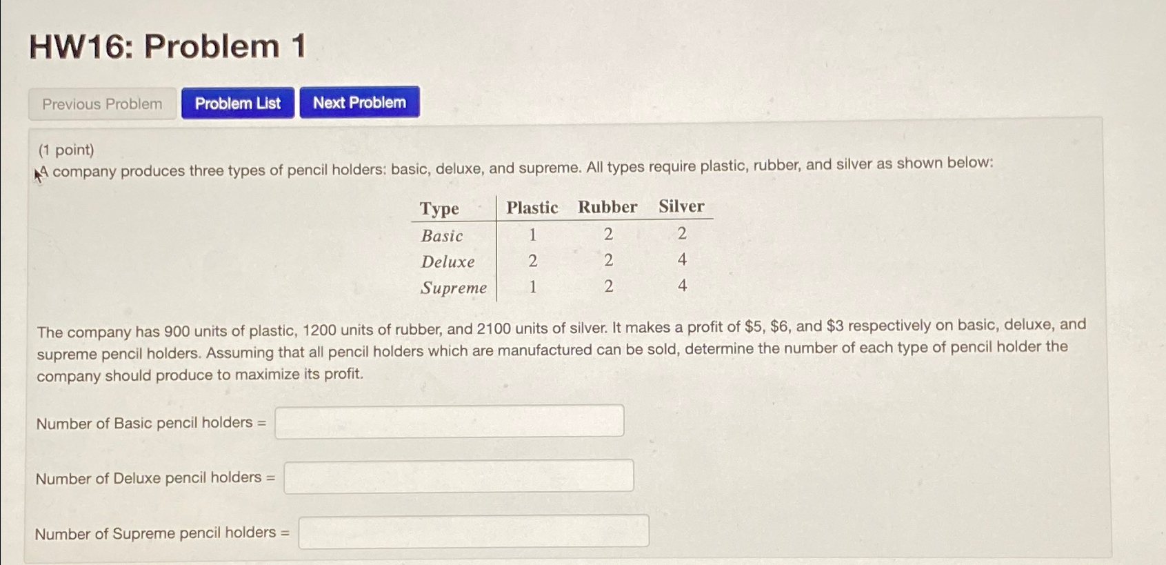 Solved HW16: Problem 1(1 ﻿point)4 ﻿company produces three | Chegg.com