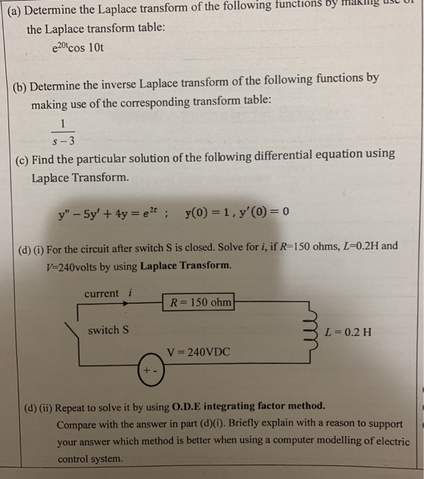 Solved (a) Determine the Laplace transform of the following | Chegg.com