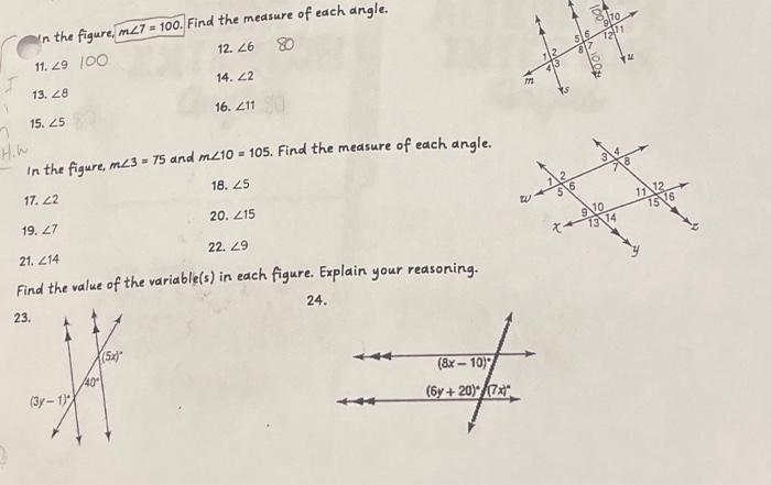 Solved In the figure, m∠7=100. Find the measure of each | Chegg.com