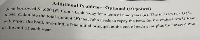 Solved Additional Problem-Optional (10 points) John borrowed | Chegg.com